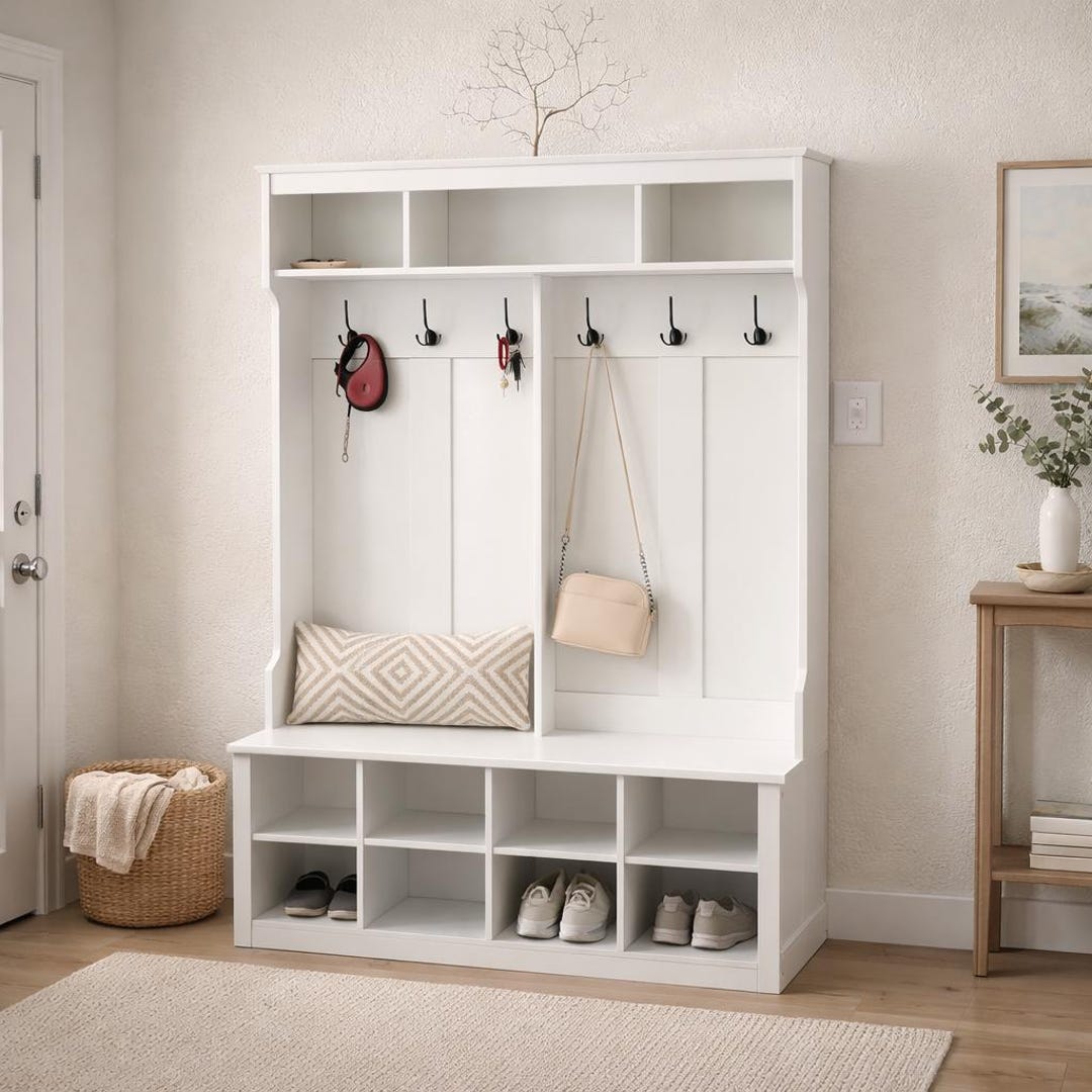 Tall Hall Tree With Bench N Storage – Farmhouse Style Wood Entryway ...