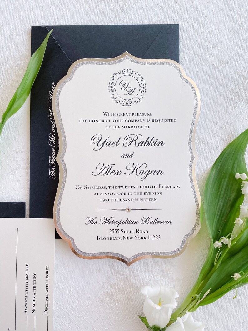 Gold and White Shimmer Wedding Invitation, Gold Custom Shape Glitter ...