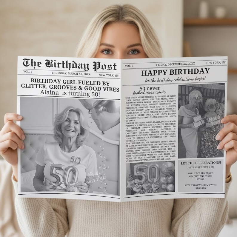 Custom 50th Birthday Newspaper Template With Photos, Editable Large ...