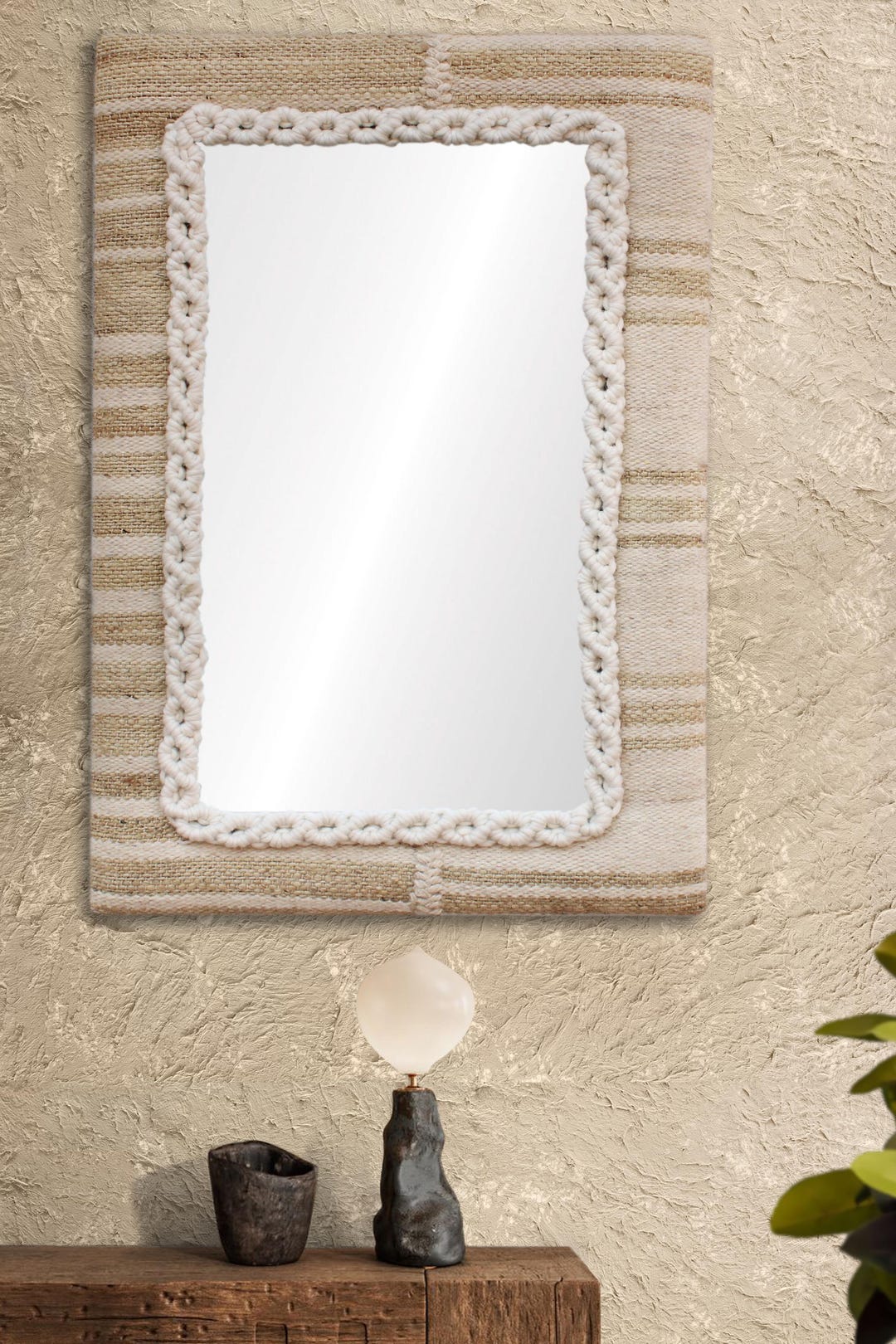 Ivory Handwoven Wool and Jute Frame | Rustic Boho Decorative Mirror ...