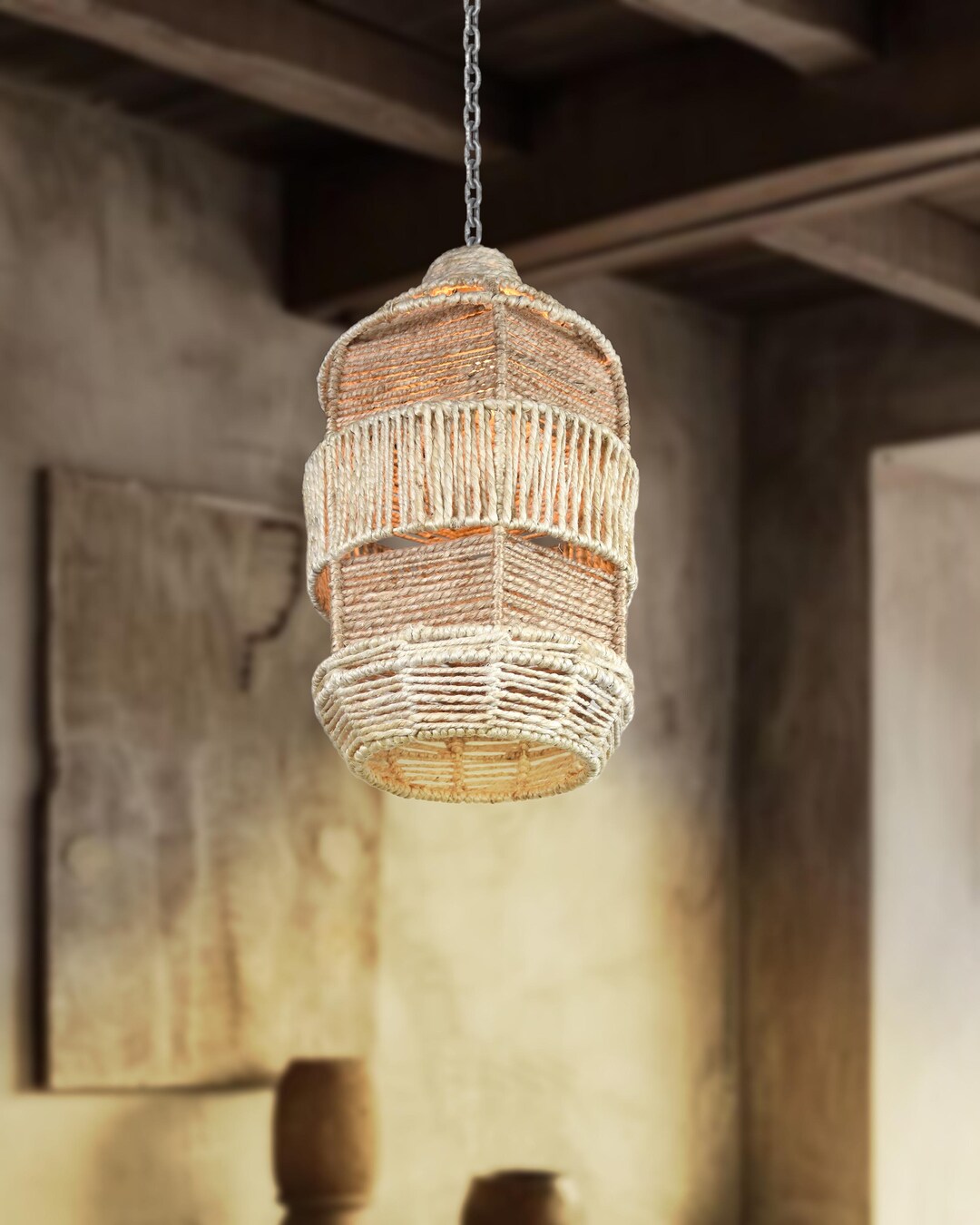 Ivory and Natural Jute With Metal Frame Rustic Pendant Lighting for ...