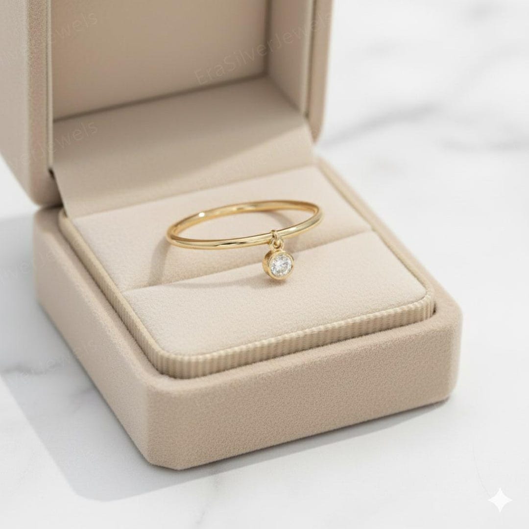 14K Solid Gold Diamond Dangle Ring, CZ Stone - Etsy
