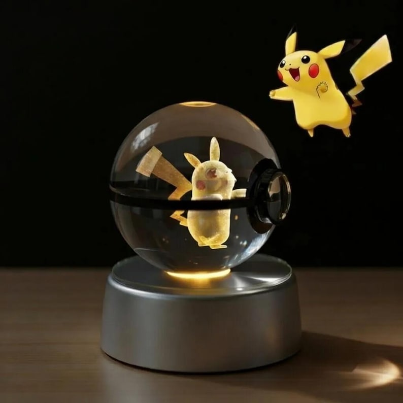 Crystal Pokeball Night Light, 3D Laser Engraved LED Crystal Ball ...