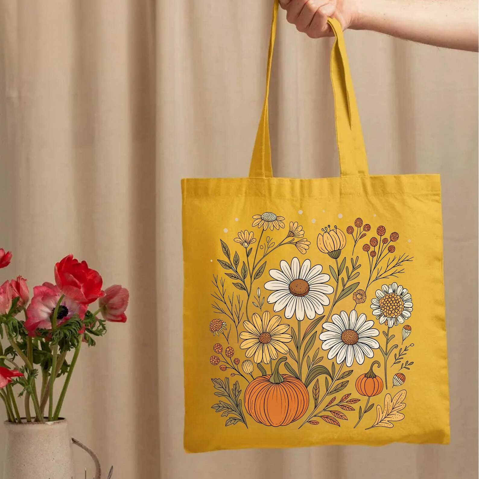 Boho Fall Floral Tote Bag, Retro Autumn Pumpkin Bag, Aesthetic Fall ...