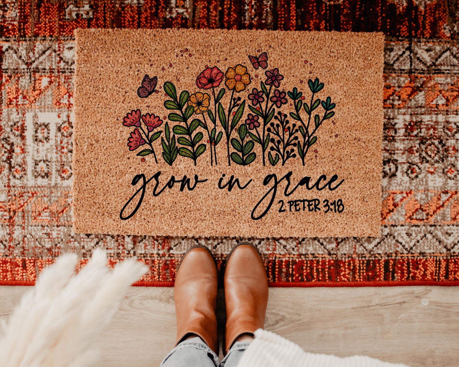 Grow in Grace Doormat, Bible Verse Welcome Mat, Christian Floral Door ...