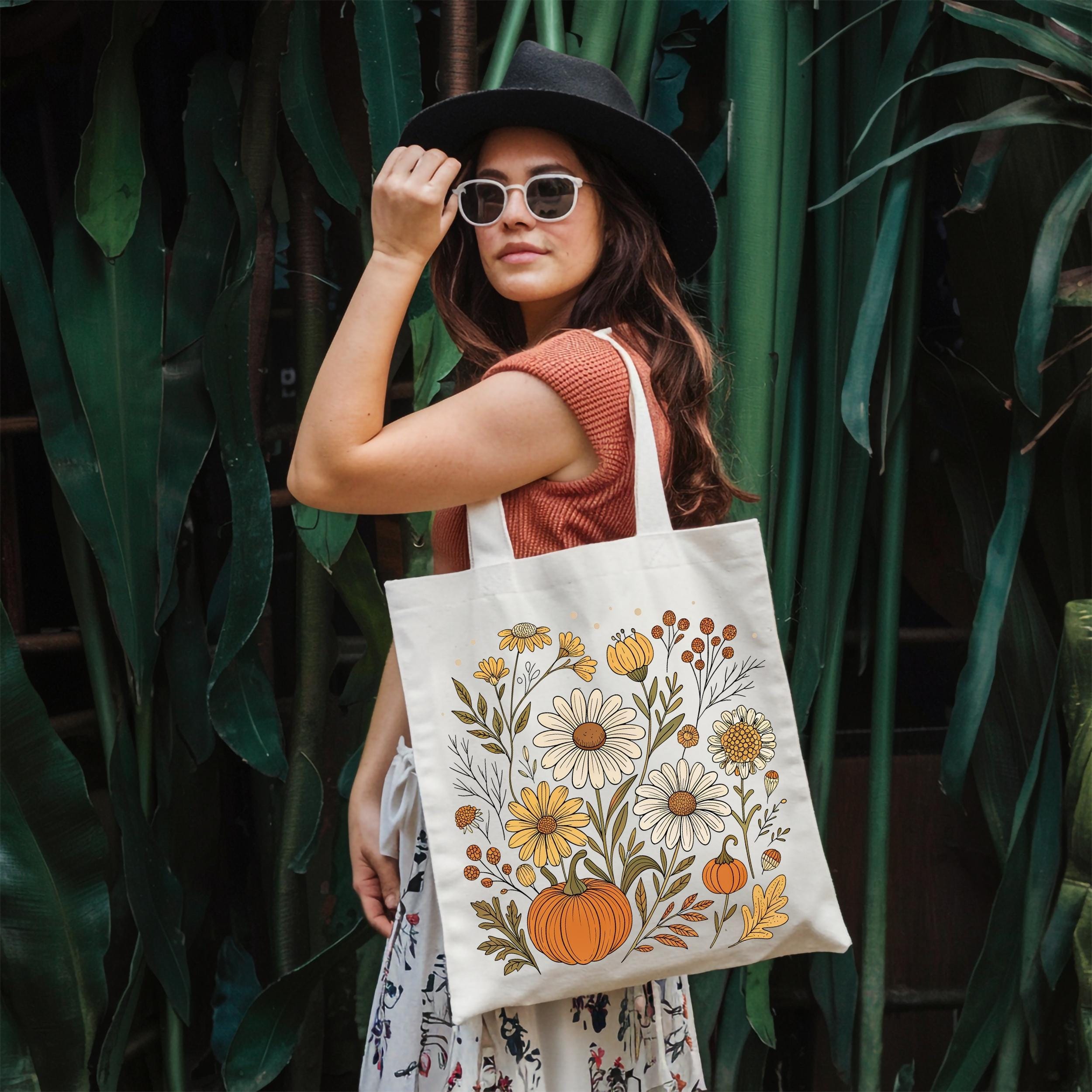Boho Fall Floral Tote Bag, Retro Autumn Pumpkin Bag, Aesthetic Fall ...