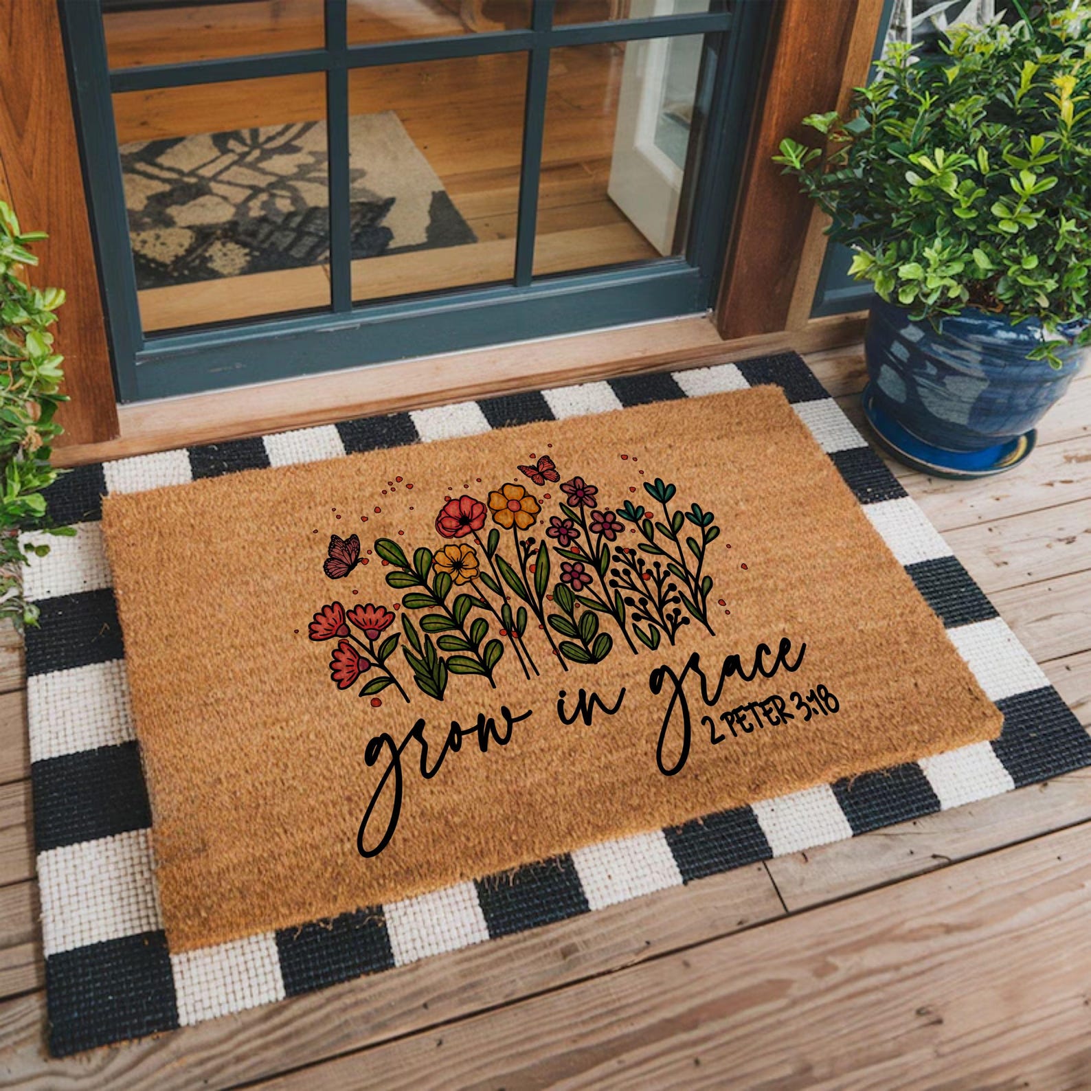 Grow in Grace Doormat, Bible Verse Welcome Mat, Christian Floral Door ...