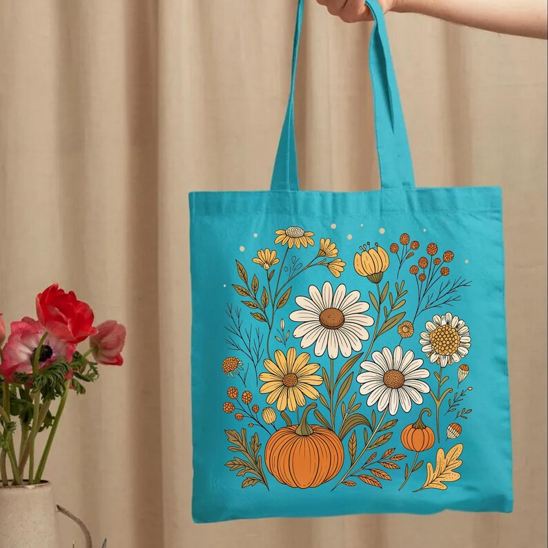 Boho Fall Floral Tote Bag, Retro Autumn Pumpkin Bag, Aesthetic Fall ...
