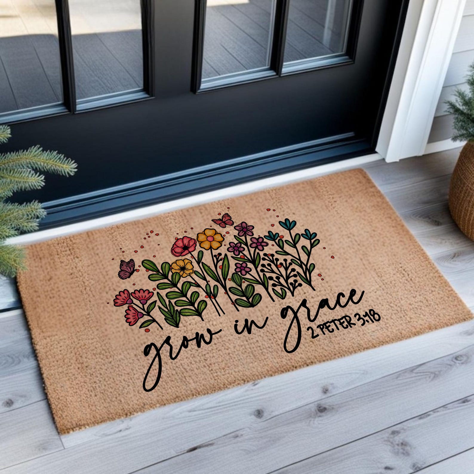 Grow in Grace Doormat, Bible Verse Welcome Mat, Christian Floral Door ...