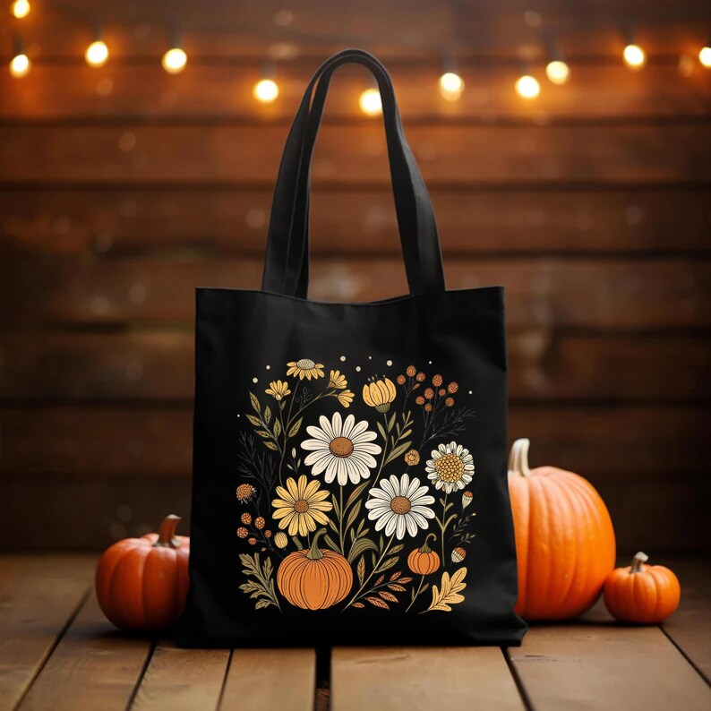 Boho Fall Floral Tote Bag, Retro Autumn Pumpkin Bag, Aesthetic Fall ...