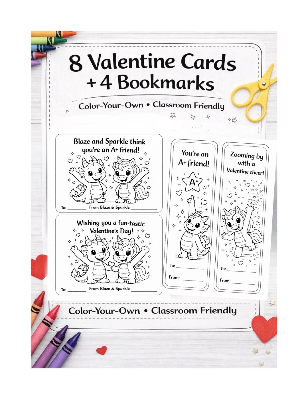 Color Your Own Valentine Cards | Dragon & Unicorn Bookmarks (PDF ...