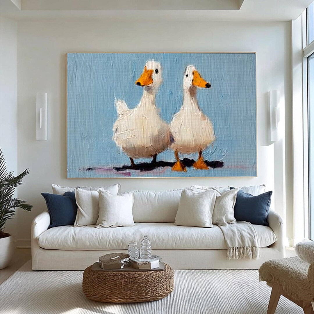 Two White Ducks Oil Painting: Blue Canvas Art, Textured Pet Portraits ...