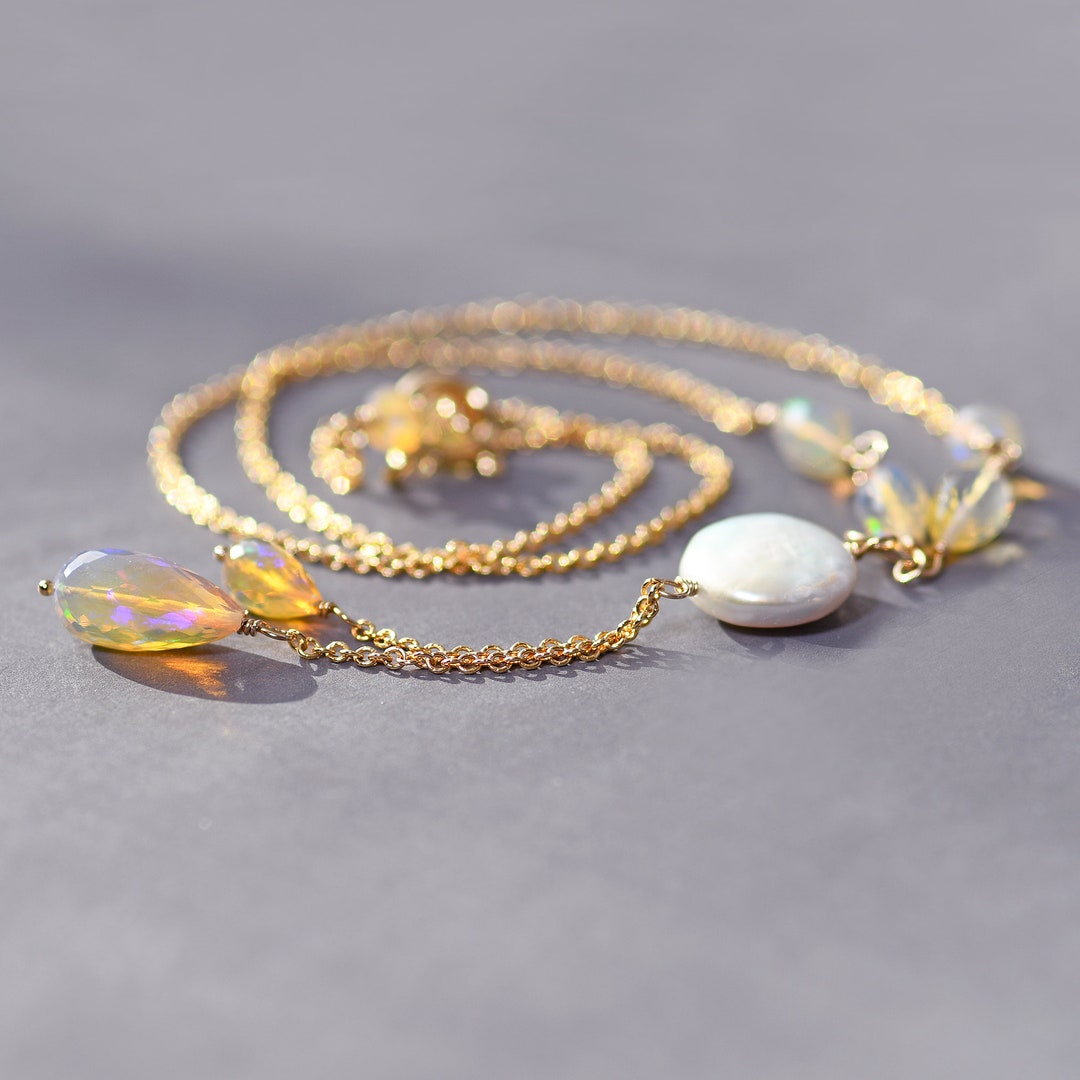Ethiopian Opal Y Necklace. Dainty Biwa and Opal Gold Filled Choker ...
