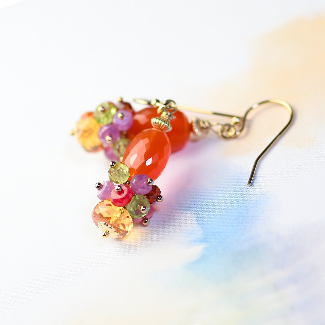 Colorful Gem and Carnelian Cluster Earrings. Gemstone Gold Filled ...