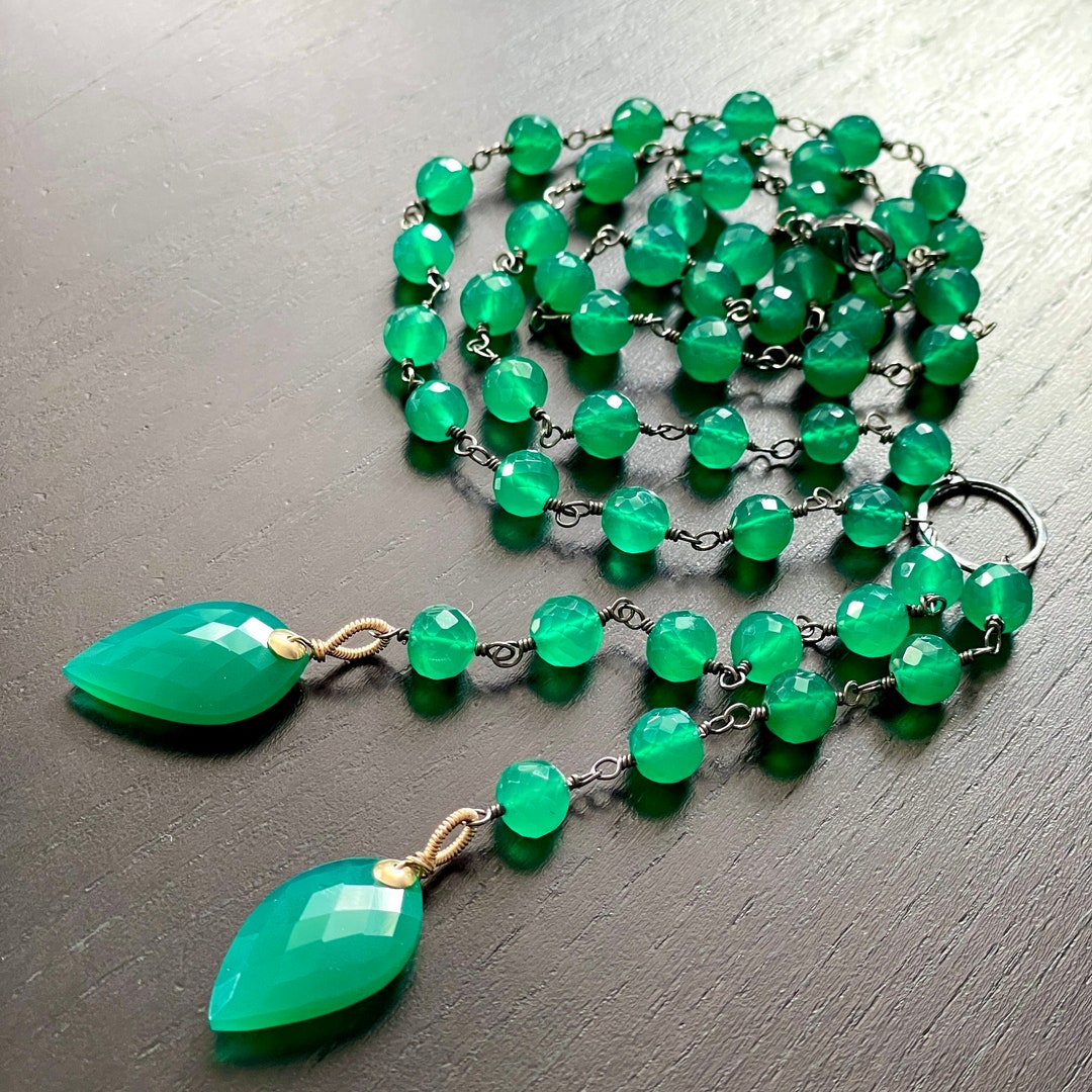 Green Onyx Lariat. Emerald Green Onyx Oxidized Silver Necklace. Onyx ...