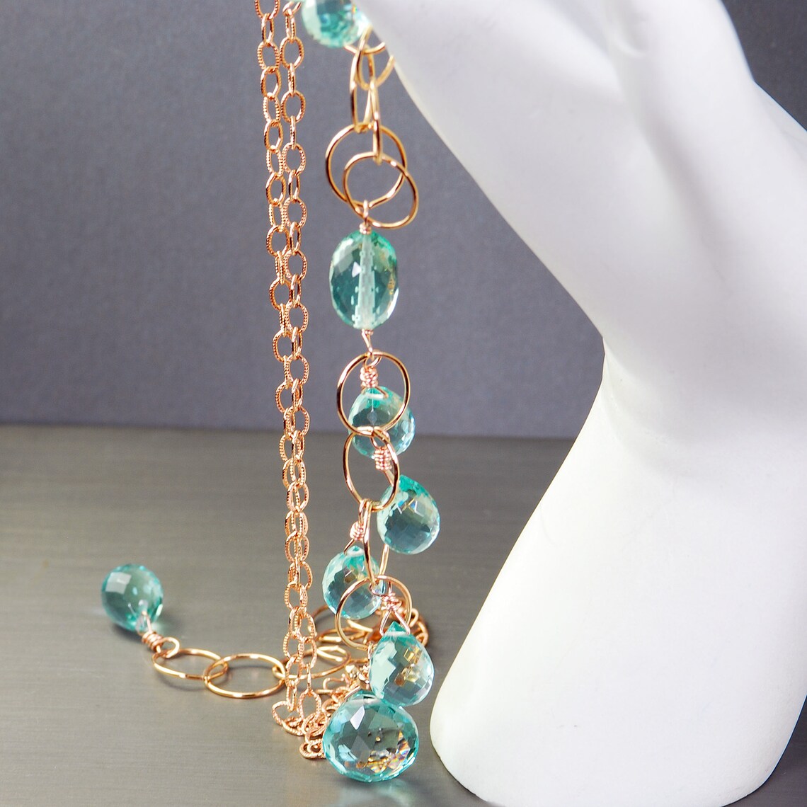 Rose Gold Filled Green Quartz Y Necklace: Aqua Green Amethyst Jewelry ...