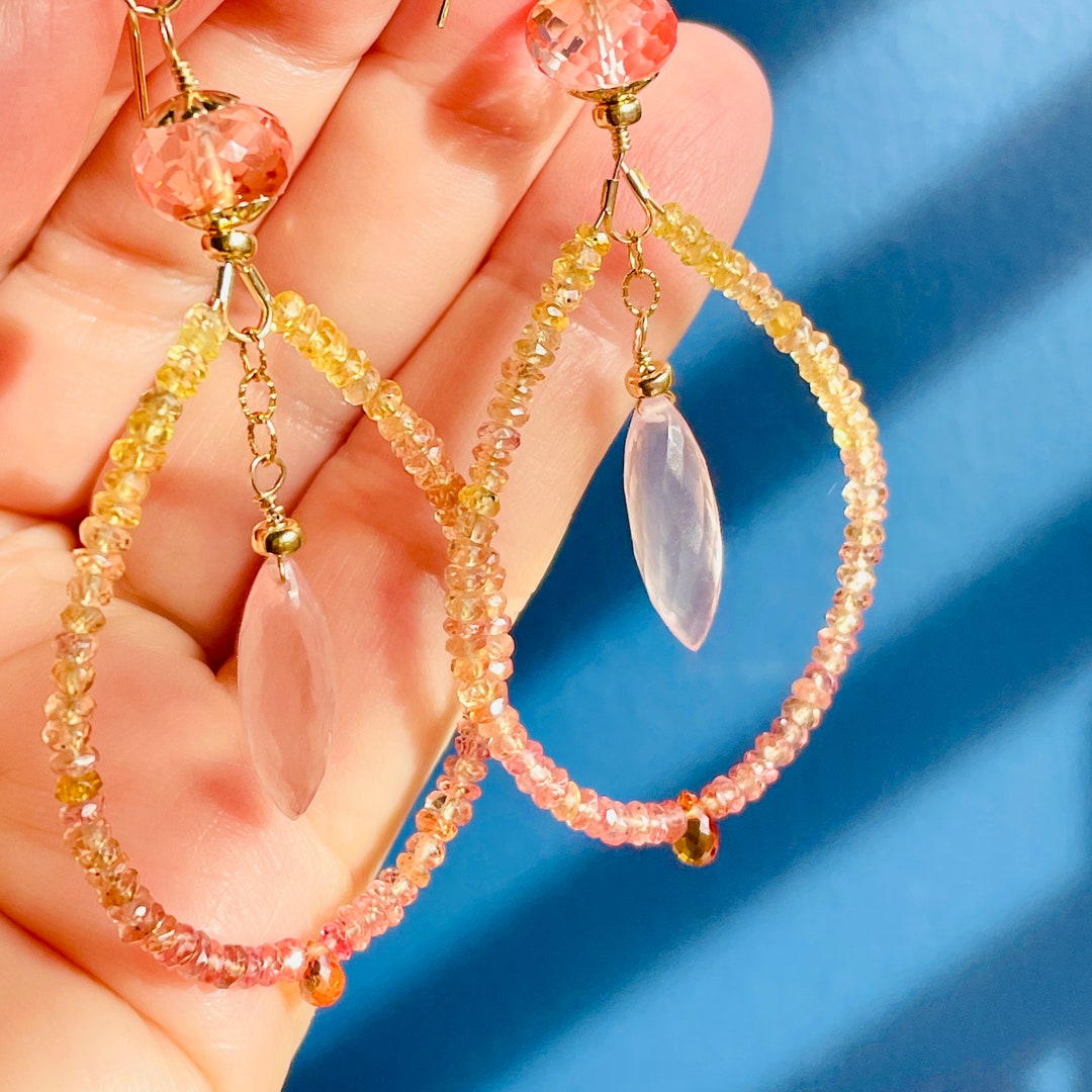 Ombre Gold and Peach Sapphire Hoops. Large Teardrop Gemstone Dangle ...