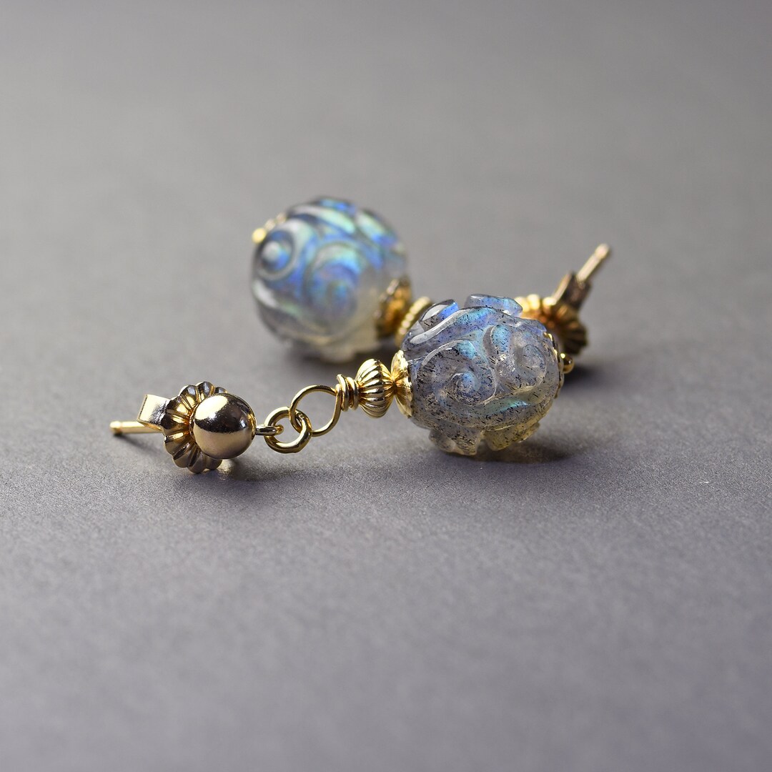 Carved Blue Labradorite Drop Earrings: Gold Filled Gemstone Ball Posts ...