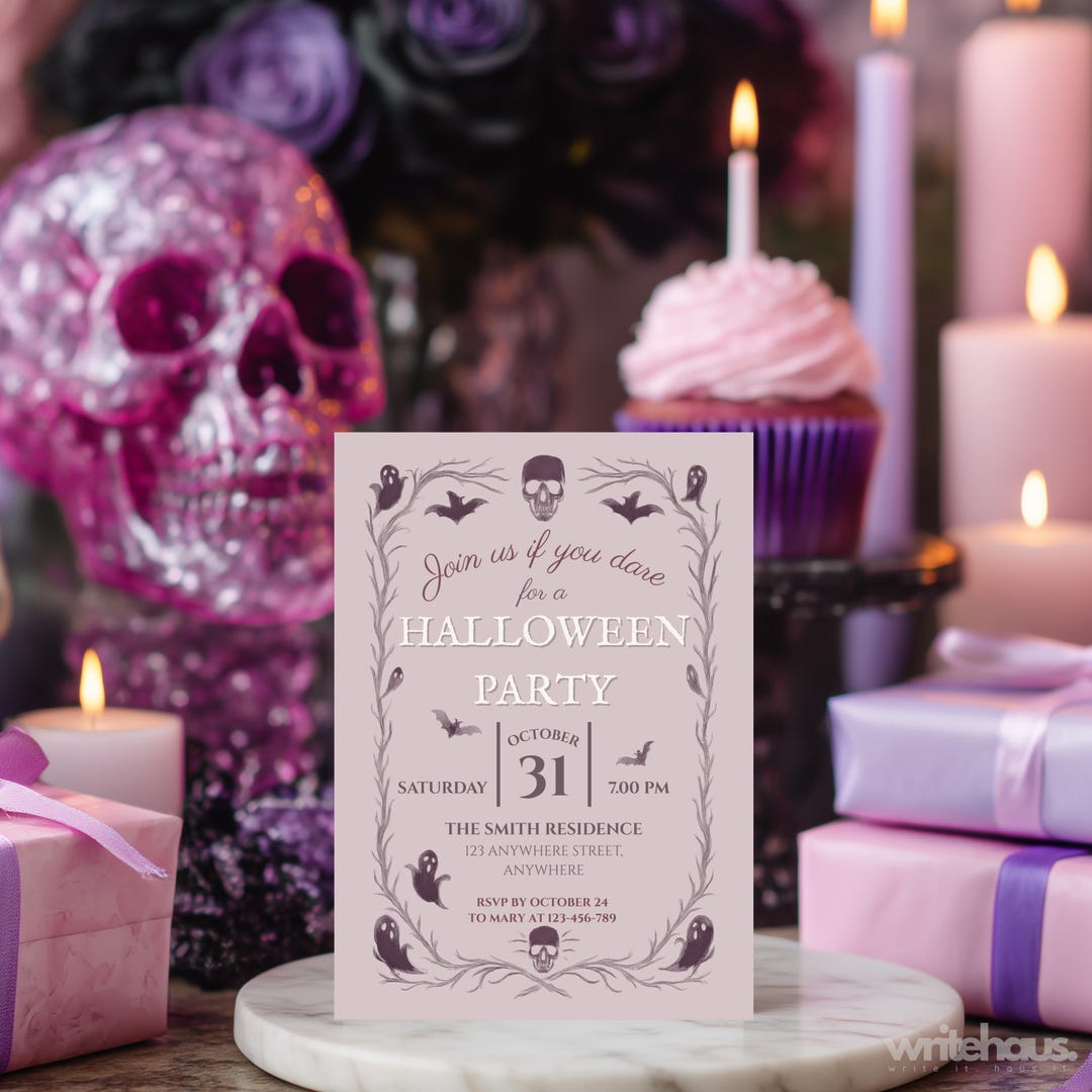 Dusty Mauve Halloween Party Invitation | Gothic Skull Pinkoween ...