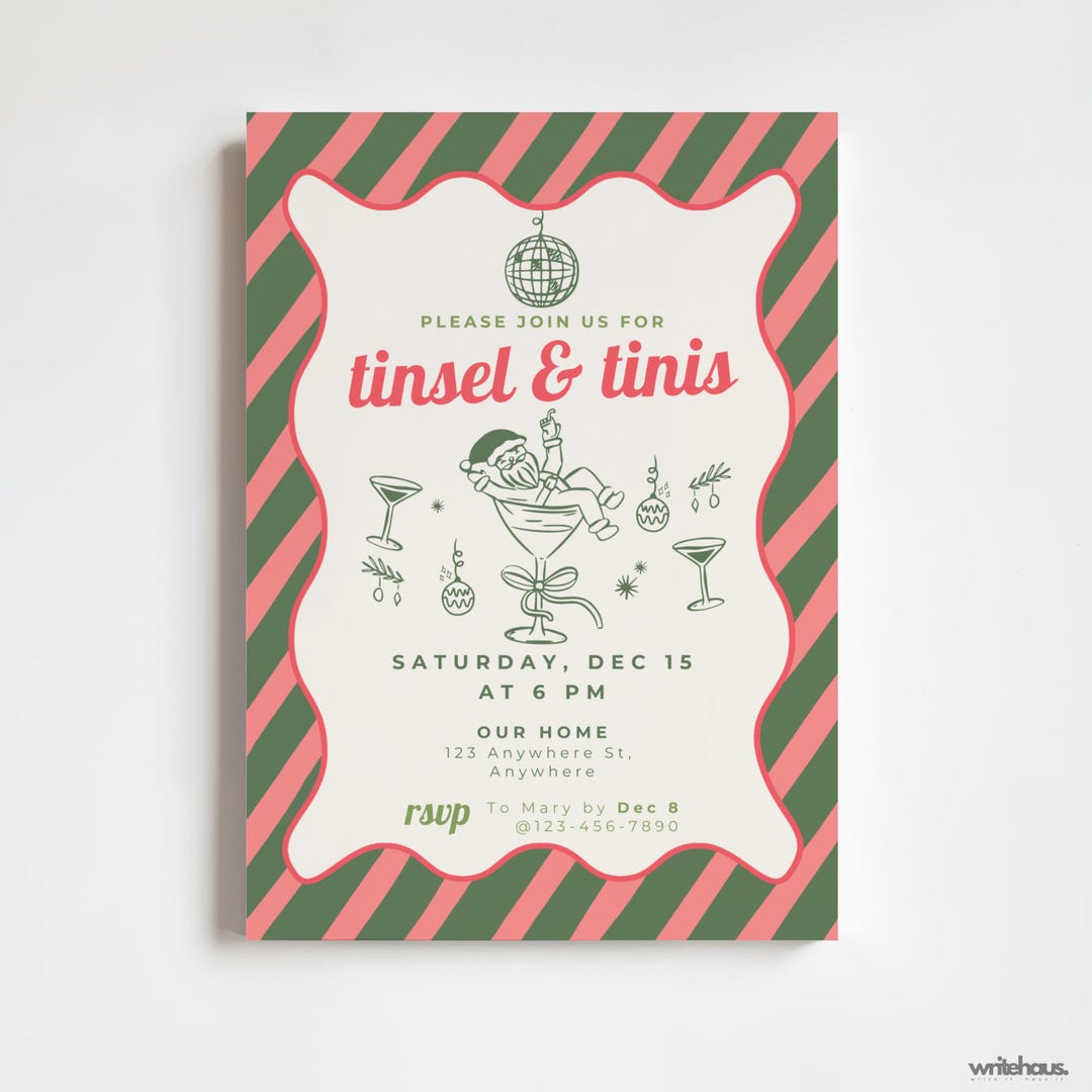 Retro Stripe Santa Christmas Party Invitation | Editable 5x7 Tinsel ...