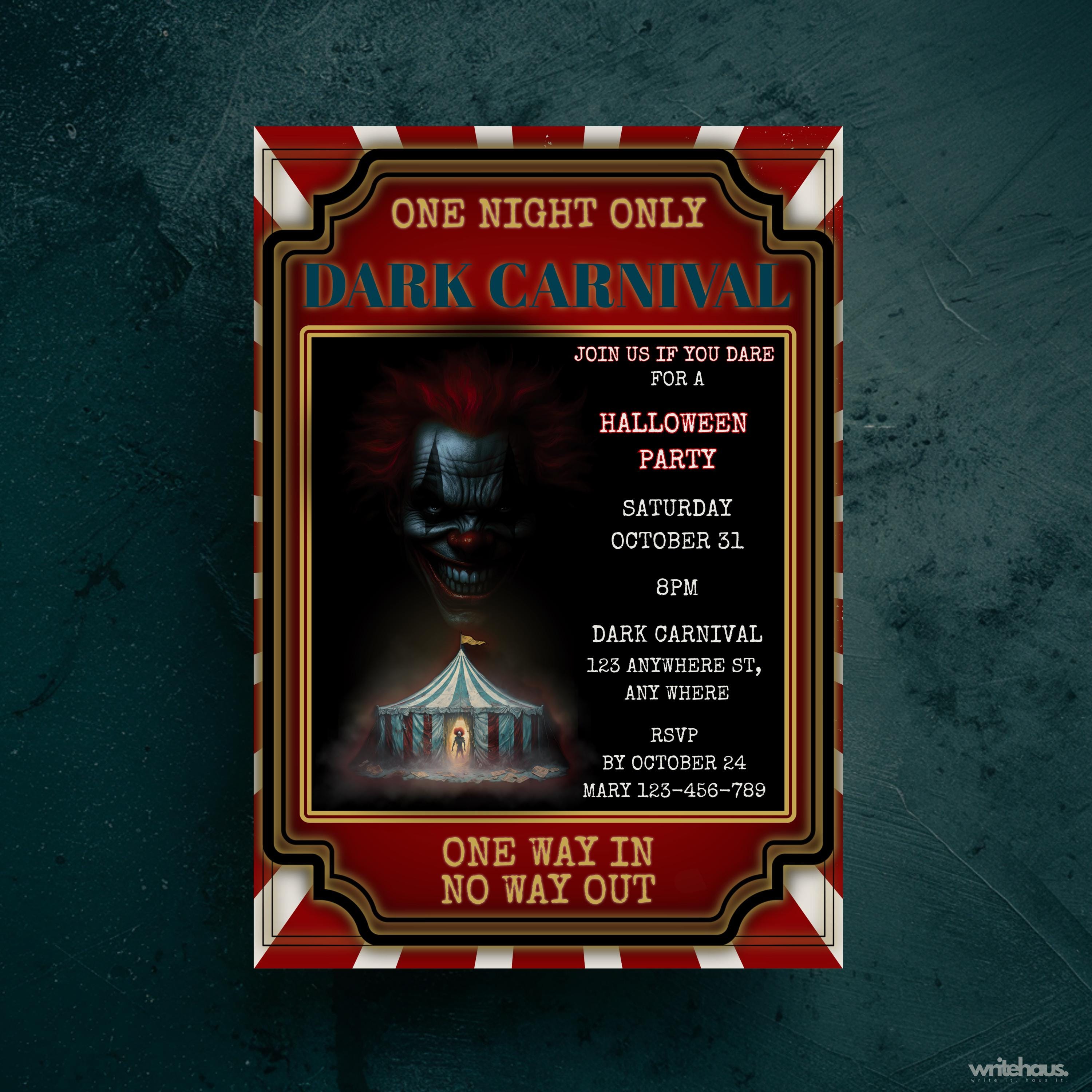 Halloween Circus Dark Carnival Invitation | Creepy Clown Haunted Party ...