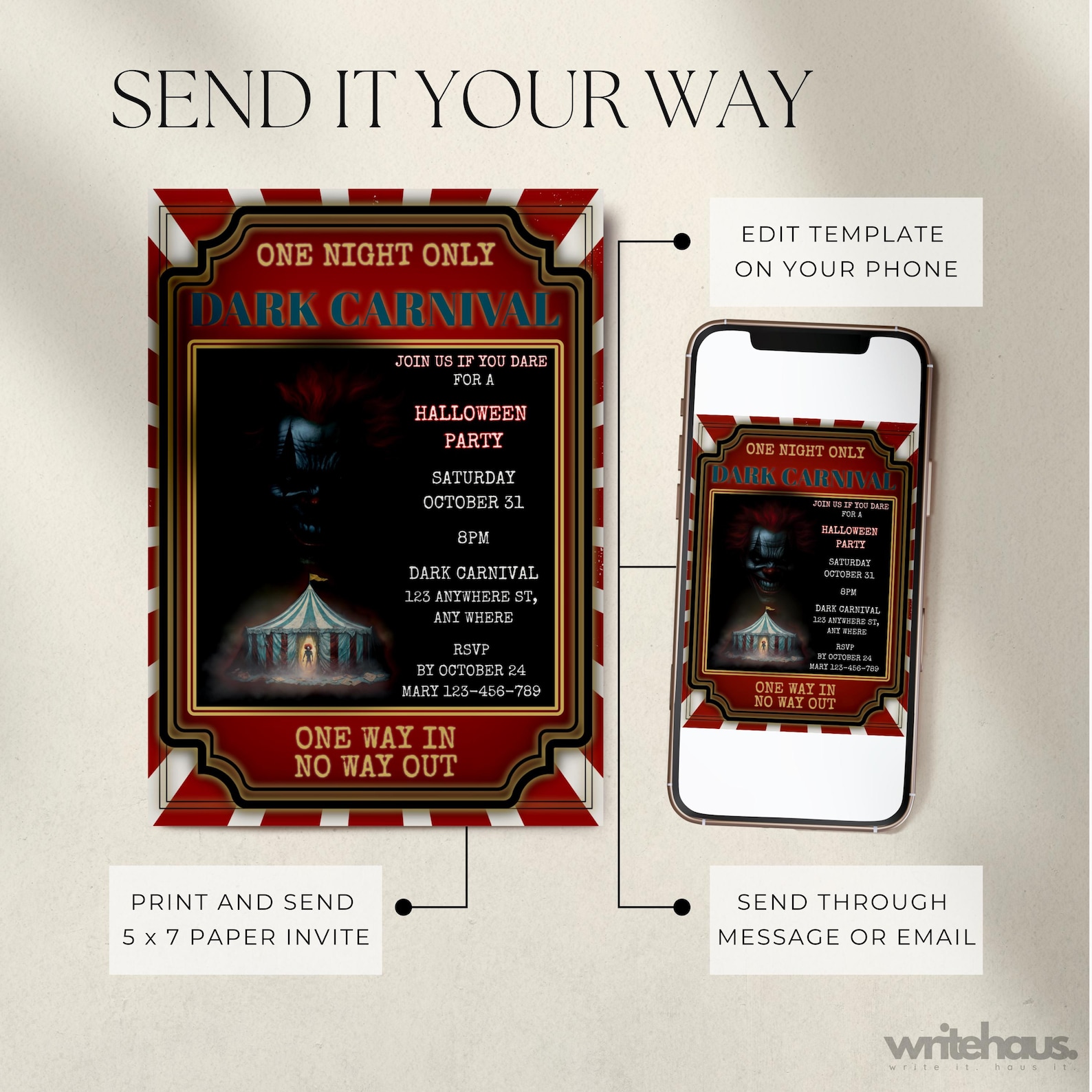 Halloween Circus Dark Carnival Invitation | Creepy Clown Haunted Party ...