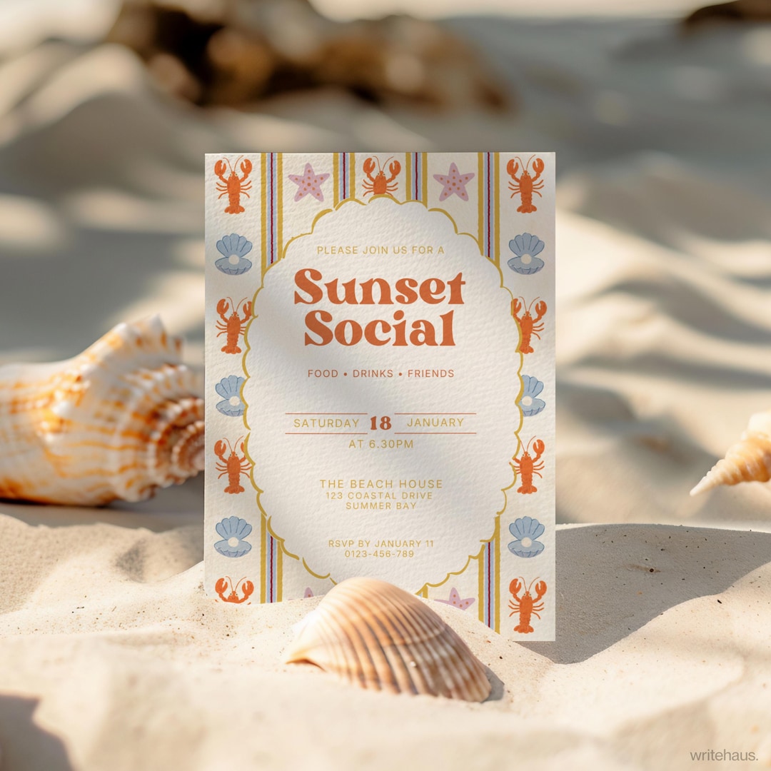 Sunset Social Dinner Party Invite | Coastal Beach House Retro Summer ...