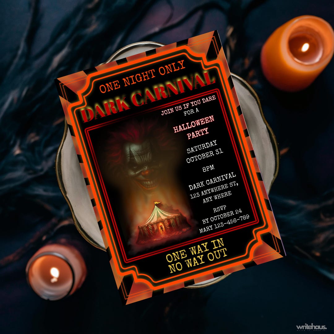Haunted Circus Creepy Clown Halloween Invite | Carnival Party Canva ...