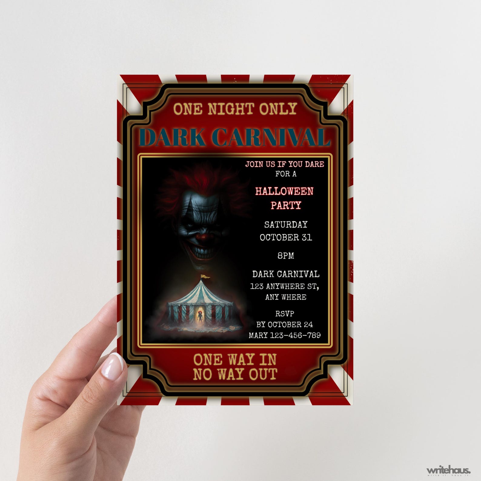 Halloween Circus Dark Carnival Invitation | Creepy Clown Haunted Party ...
