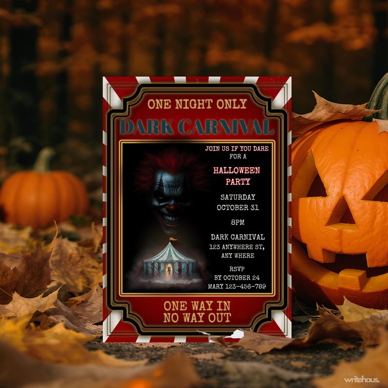 Halloween Circus Dark Carnival Invitation | Creepy Clown Haunted Party ...