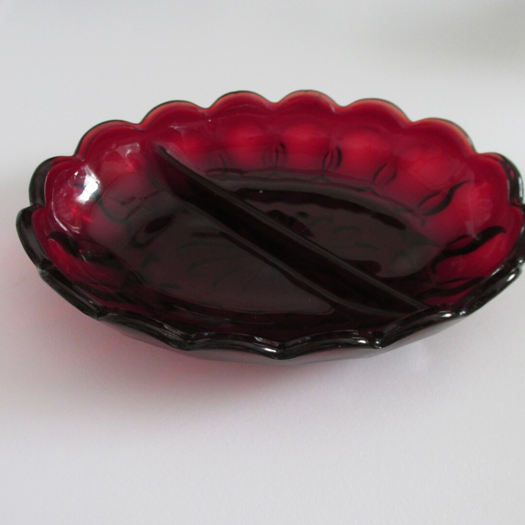 Anchor Hocking Ruby Red Oval Divided Dish Scalloped Edge, Thumbprint ...