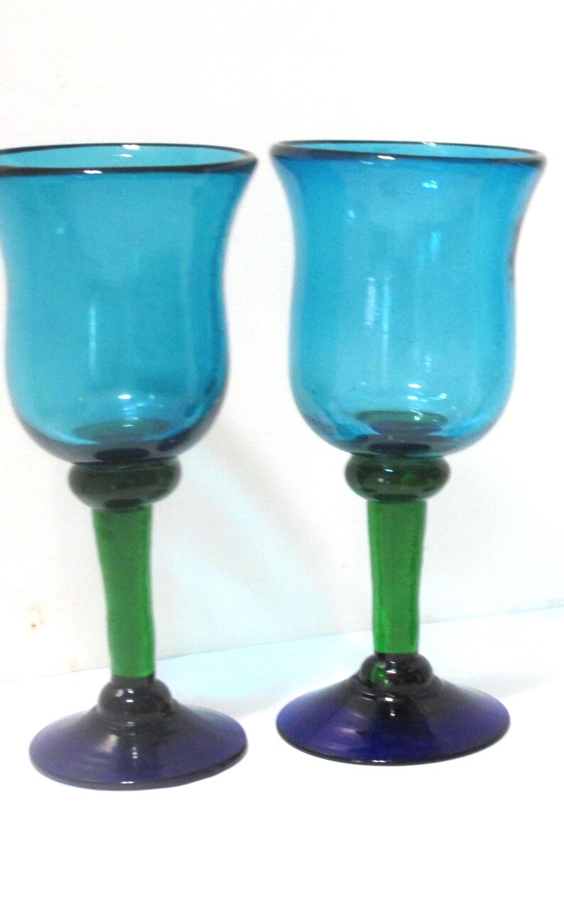 Blue Green Mexican Glass Stemware Wine Water Glasses - Etsy
