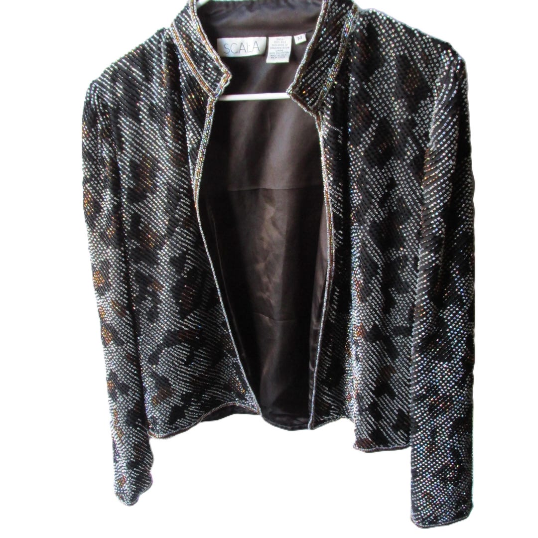 Vintage Scala Beaded Evening Jacket 100% Silk, Black Gold, Clear and ...