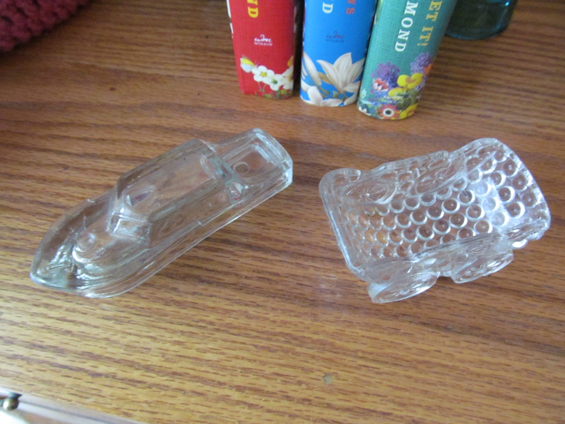 Old Glass Candy Containers Boat and Hobnail Cart with Wheels | Etsy