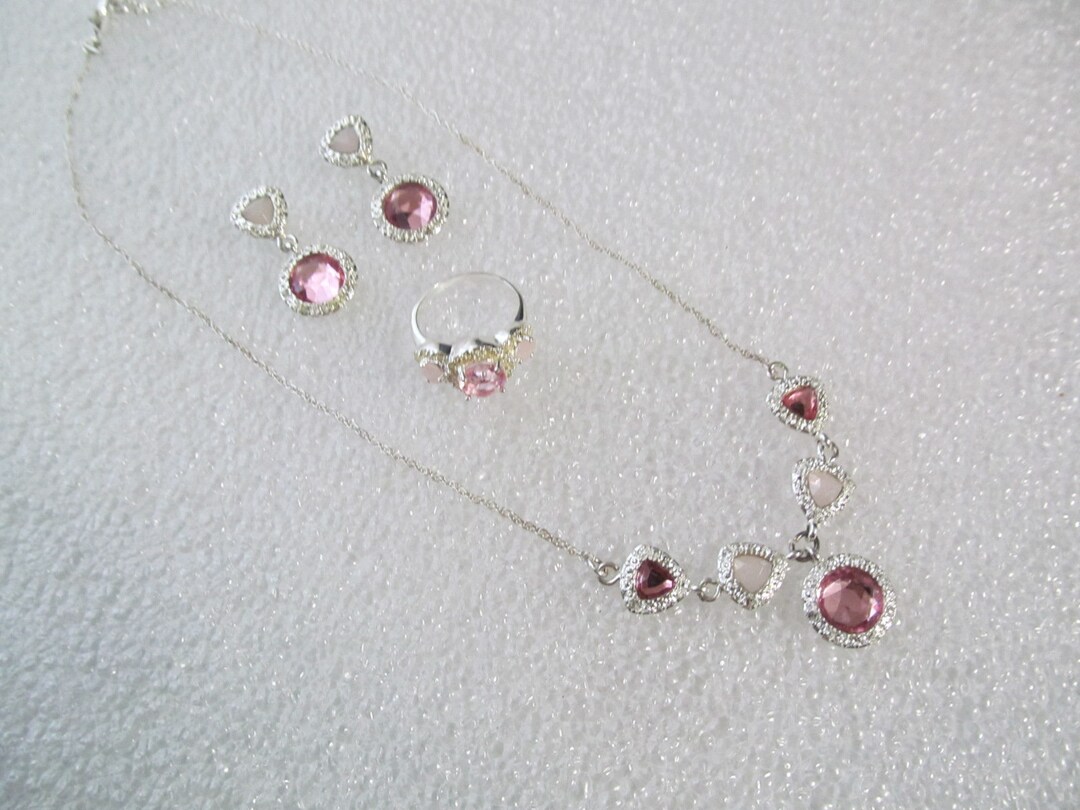 NRT by Avon Parure Necklace Earrings Ring, Pink Stones Silver Tone ...