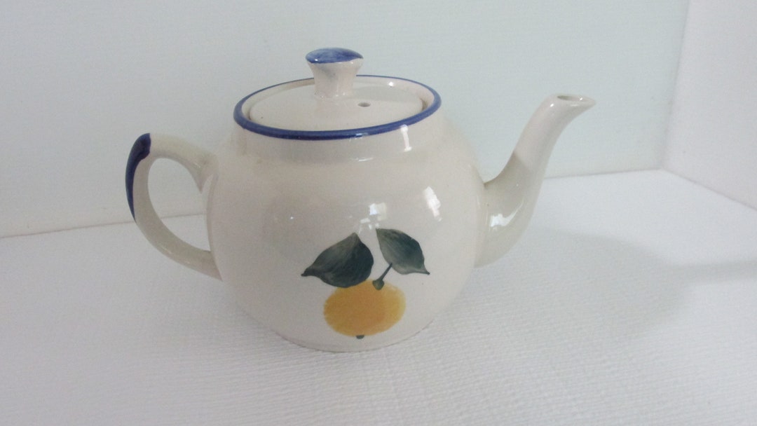 Ceramic Teapot Lemon Design With Blue Trim on White - Etsy