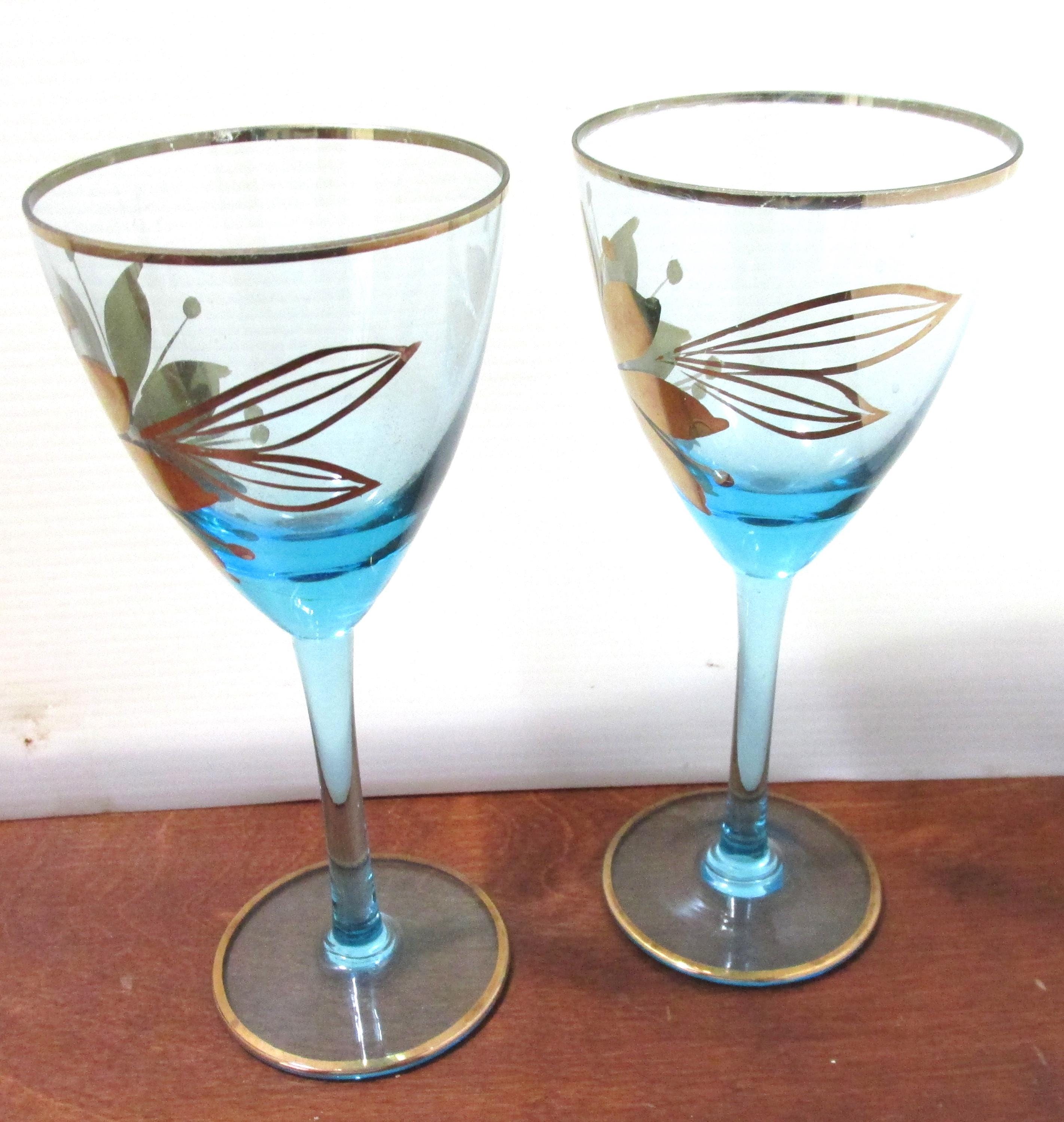 Set of 2 Vintage Blue Romanian Wine Glasses With Elegant 22K Gold Trim ...