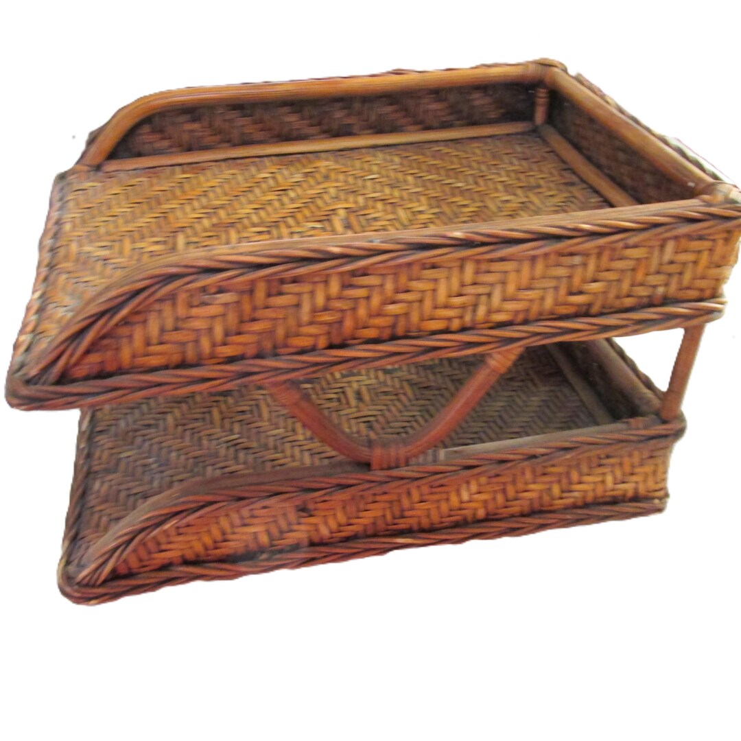 Vintage Wicker Rattan Desk Organizer Double Paper Tray - Etsy