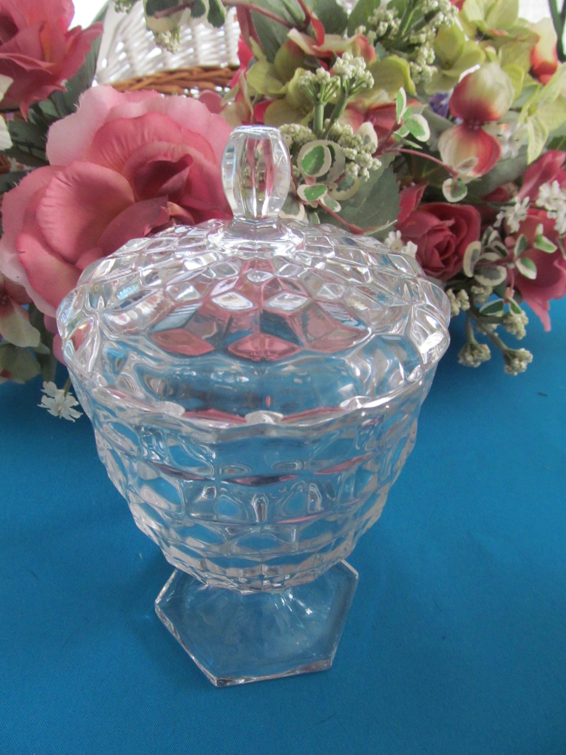 Vintage Glass Candy Dish With Lid Block Pattern - Etsy