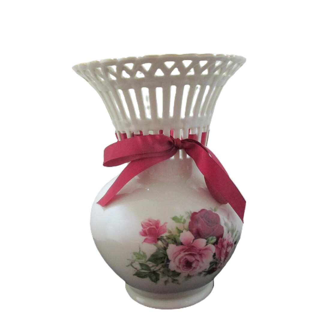 Vintage Baum Bros Floral Ceramic Vase, Lattice Top & Gold Trim - Etsy