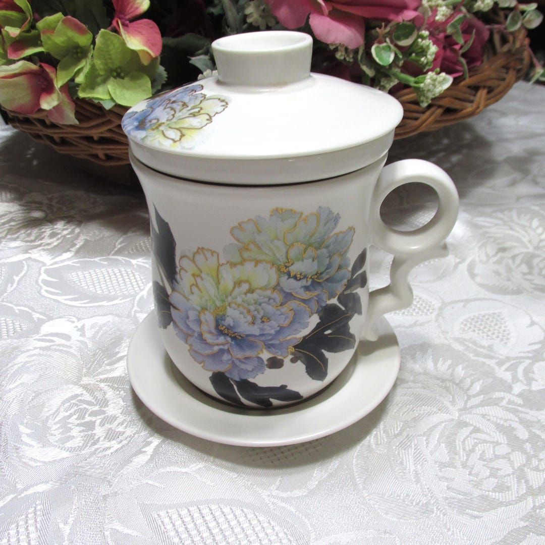 Teavana Ceramics, Blue Peony, 4 Pc. Mug Set, Infuser, Mug, Underplate ...