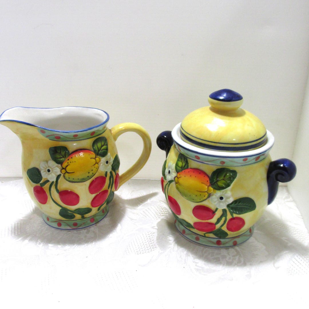 Ceramic Creamer Sugar Bowl With Lid Set Panware, Yellow Red. Blue Green ...