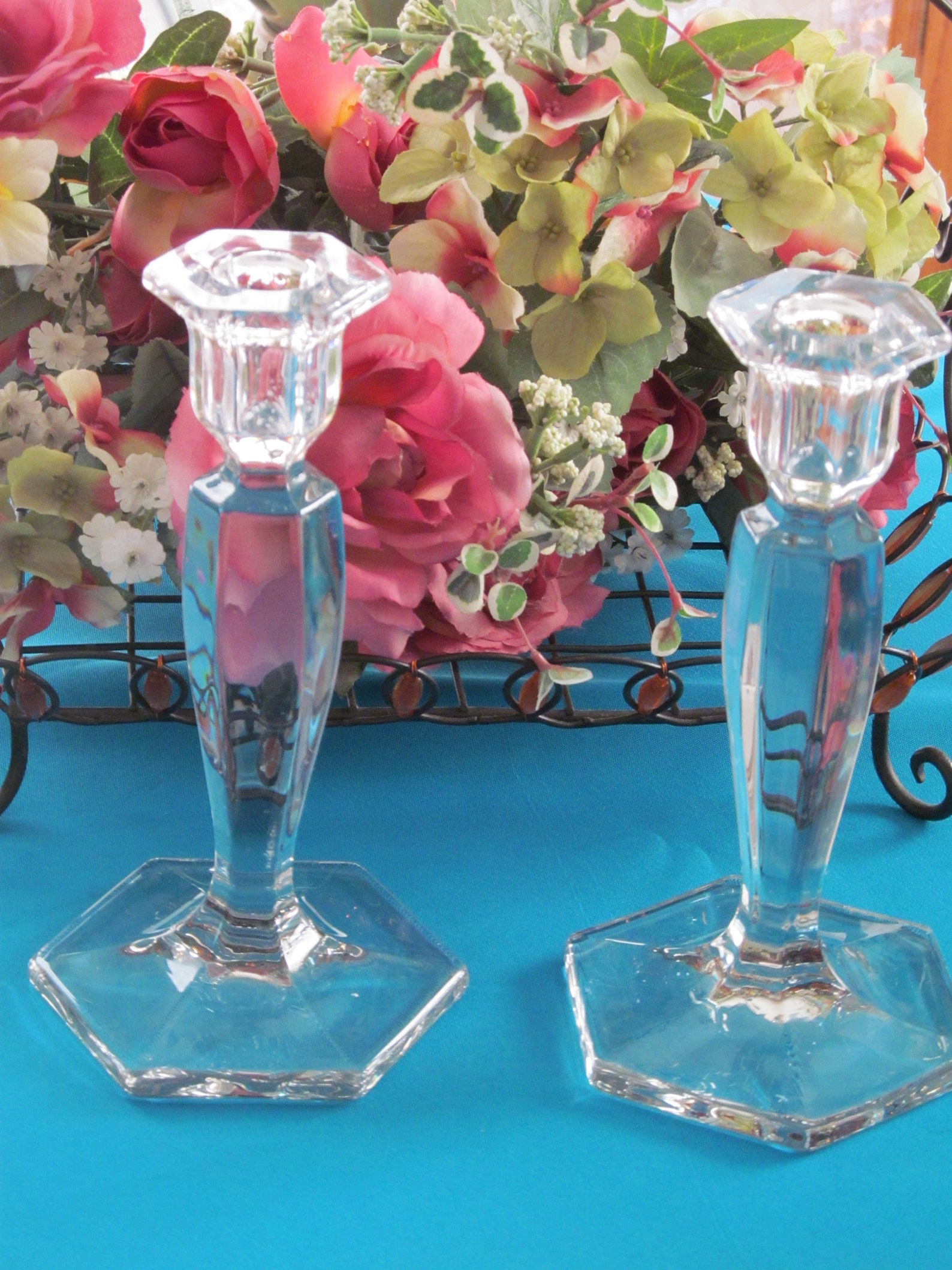 Vintage Crystal Candlesticks, Glass Candle Holders, Hexagon Base and ...
