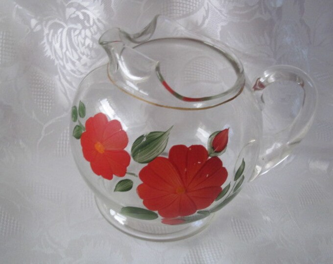 Vintage Small Glass Juice Pitcher, Hand Painted, Floral Design , Red ...