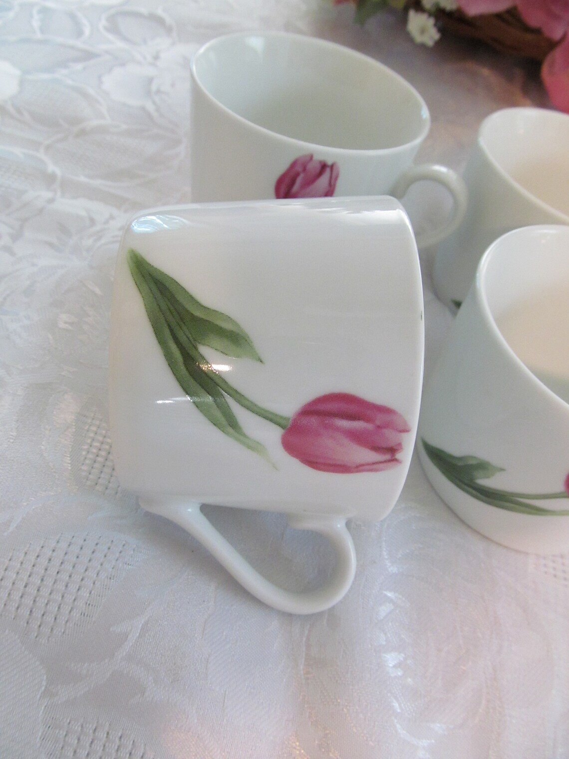 Vintage Flat Coffee Tea Cups Tulip Pattern Set of 4 | Etsy