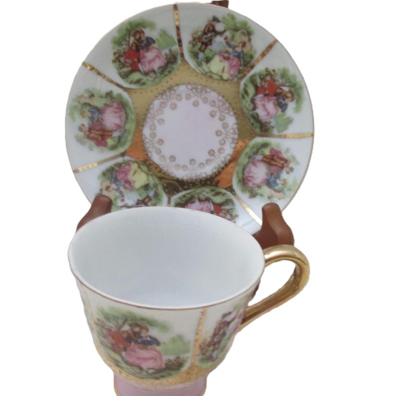 Vintage Demitasse Teacup Set: Victorian Courting Couple, Pink & Gold ...