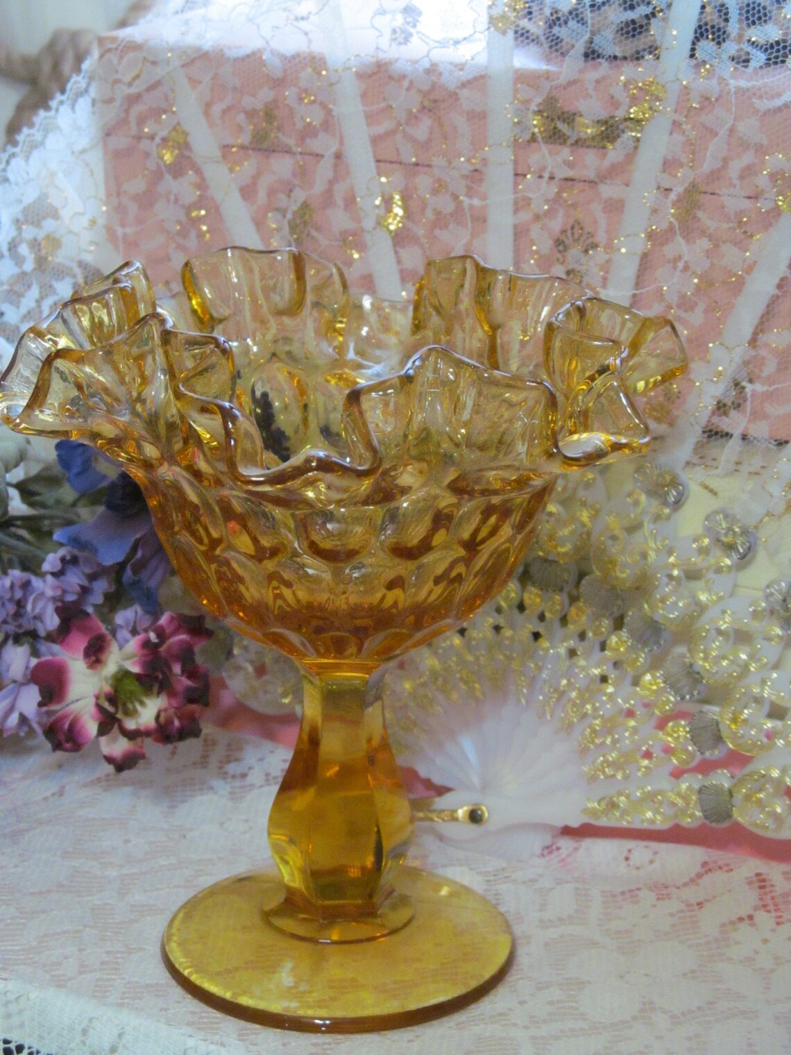 Fenton Vintage Glass Compote Colonial Amber Thumbprint - Etsy