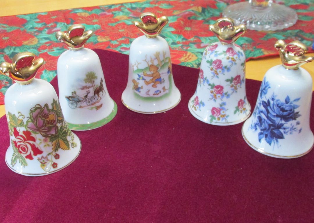Porcelain BELL Collection, Set of 5, Floral Plus, Gold Tone Bird Finial ...