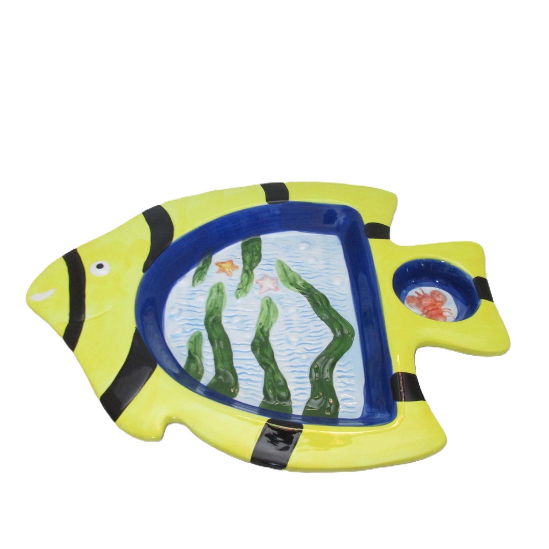 Beach Themed Novelty Ceramic Serving Platter, Yellow Blue Fish Platter ...