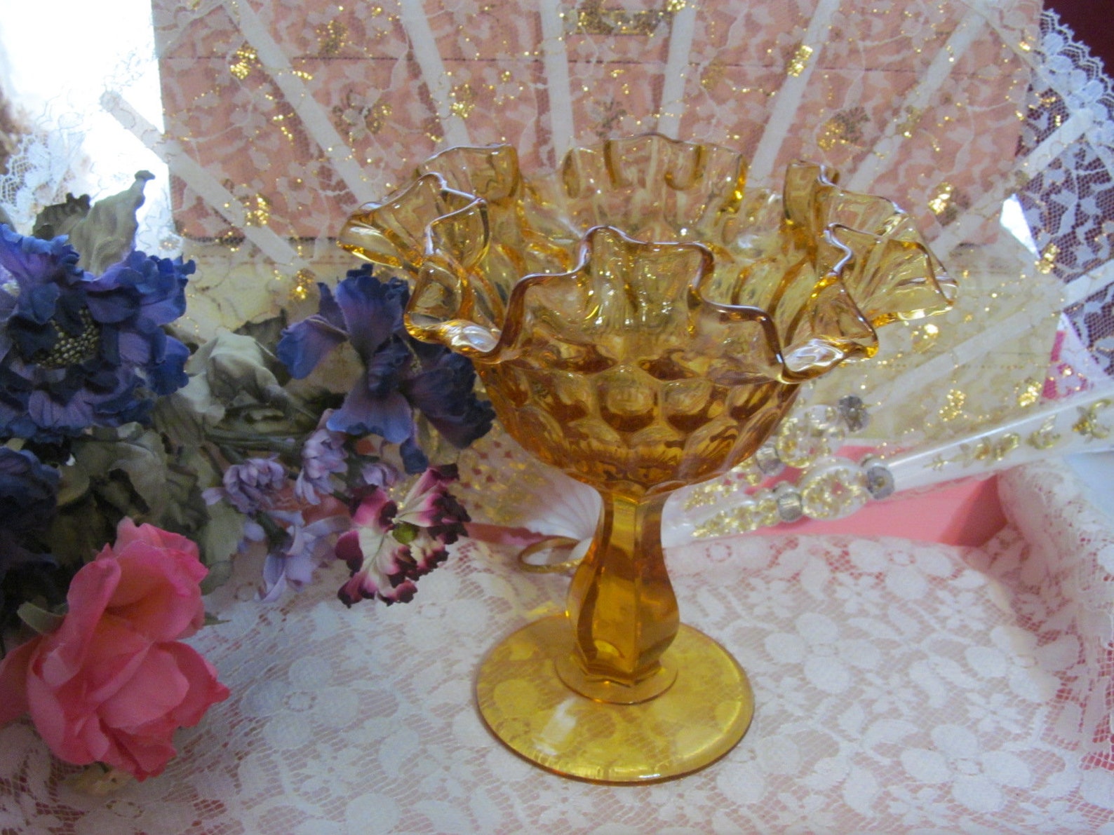 Fenton Vintage Glass Compote Colonial Amber Thumbprint | Etsy